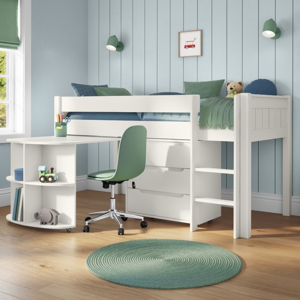 Classic White Mid Sleeper Bed with Desk & Storage | Stompa